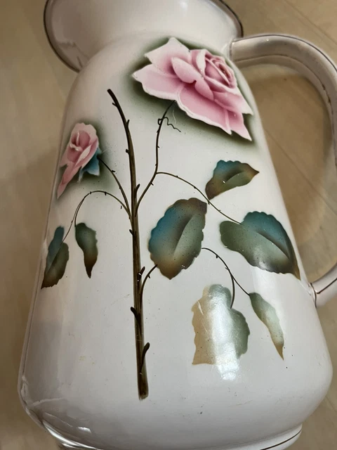 ANTIQUE ENAMEL PITCHER Pitcher Glazed Sheet Metal Pink Flower Enamel No ...