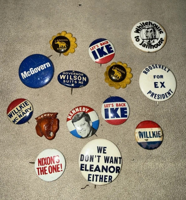VINTAGE POLITICAL CAMPAIGN Pin Lot 1912-1970s Landon Ike JFK Nixon ...