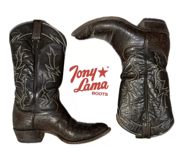 VINTAGE TONY LAMA Exotic Caribou Leather Cowboy Boots Black Label Mens ...