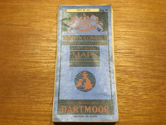 1930'S BARTHOLOMEW'S FOLD OUT HALF INCH CLOTH MAP OF DARTMOOR WW2 ROYAL ...