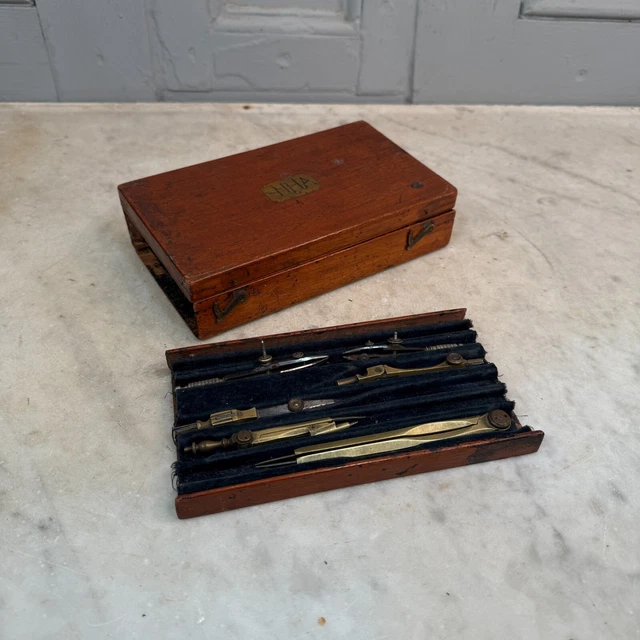 ANTIQUE PART SET of drawing instruments in box - restoration job £29.50 ...