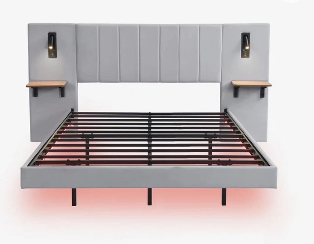 IVY BRONX UPHOLSTERED Double Bed Frame Headboard LED Light Slats Grey £ ...