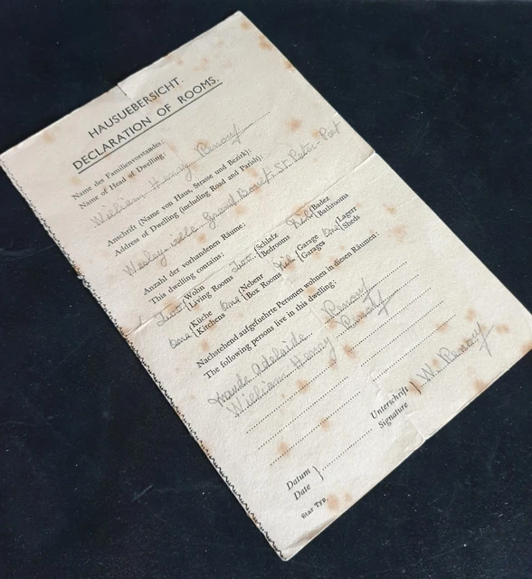 WW2 GERMAN OCCUPIED Guernsey Declaration of Rooms in St Peter Port ...