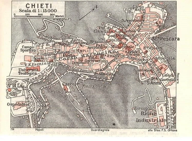 CARTA GEOGRAFICA ANTICA CHIETI minuscola pianta della città TCI 1939 ...