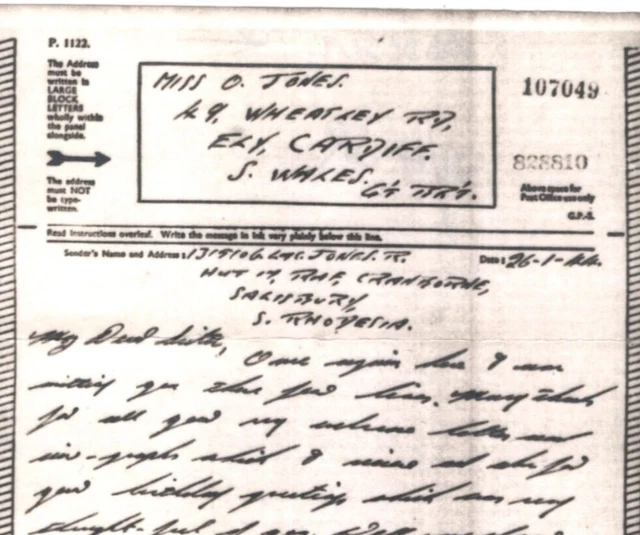 RHODESIA SALISBURY WW2 AIRGRAPH RAF Cranborne (Training) 1944 Ely ...