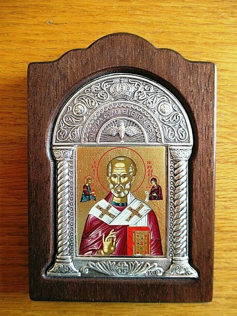 ICÔNE EN BOIS Signée "St Nicholas" Cadre En Argent Massif, Николай... S ...