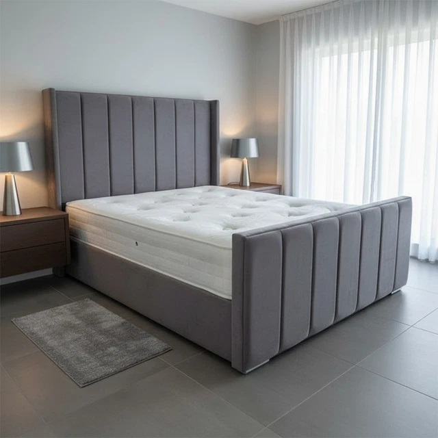 DOUBLE WINGED PANEL Bed Frame Plush Velvet Upholstered Ottoman Gas Lift ...