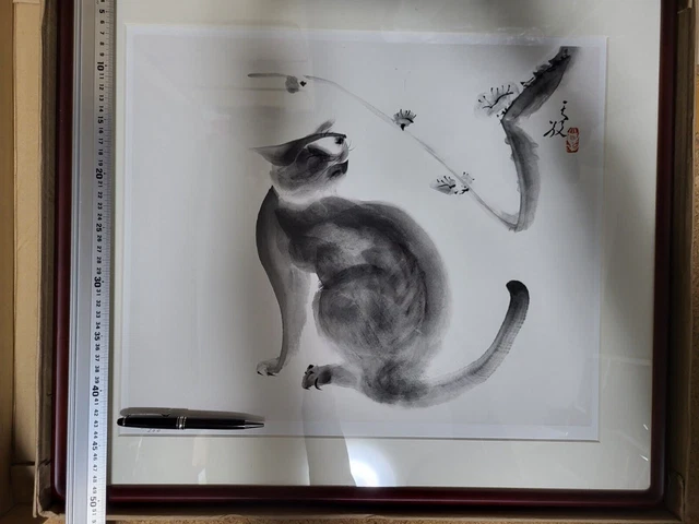 TACHIBANA TENKEI JAPANESE Ink brush painting art limited 200 sumi-e Cat ...