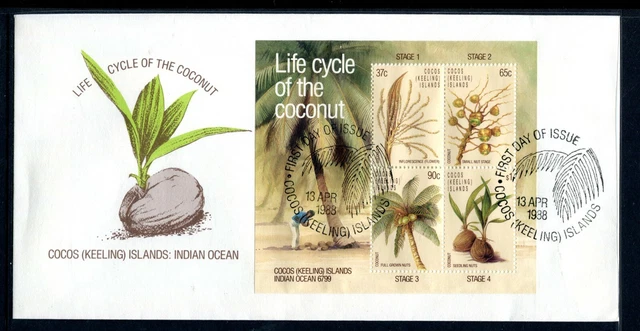 1988 COCOS ISLAND Life Cycle of the Coconut (Mini Sheet) FDC $7.50 ...