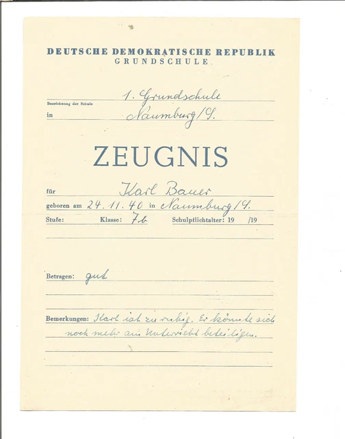 ZEUGNIS DER DDR Grundschule Marienschule Naumburg 1954 EUR 1,00 - PicClick DE