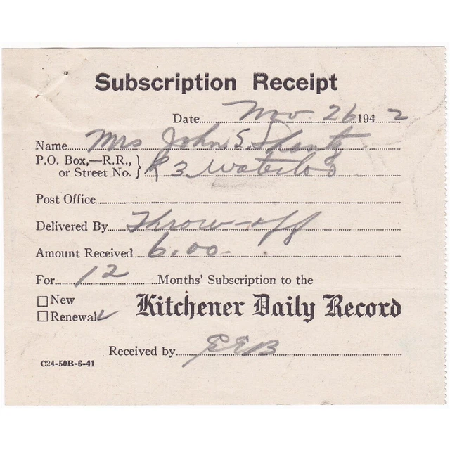 VINTAGE 1942 KITCHENER Daily Record World War 2 Subscription Receipt $2 ...