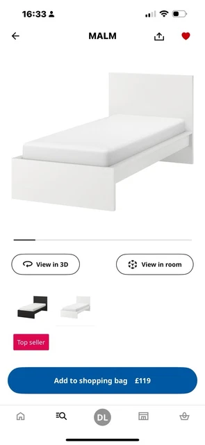 IKEA MALM STANDARD Single Bed Frame, White, High Back, Lönset Slats -NO ...