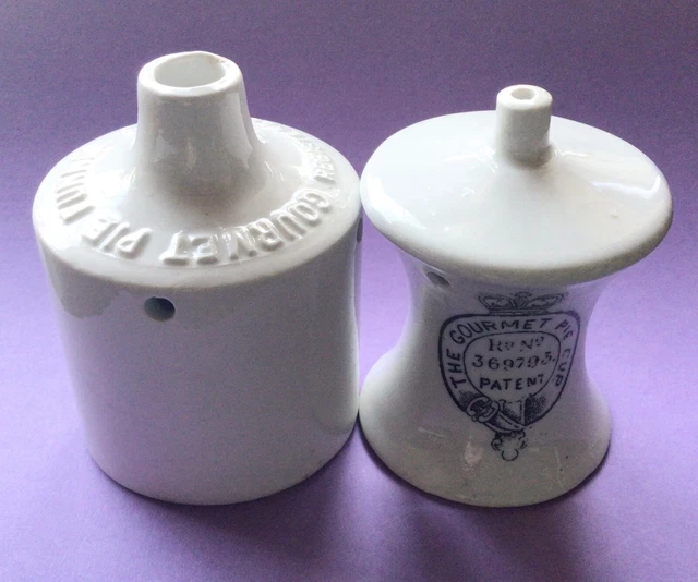 2 X VINTAGE Gourmet Pie Funnels Reg No 537393 and 369793 White Pie Bird ...