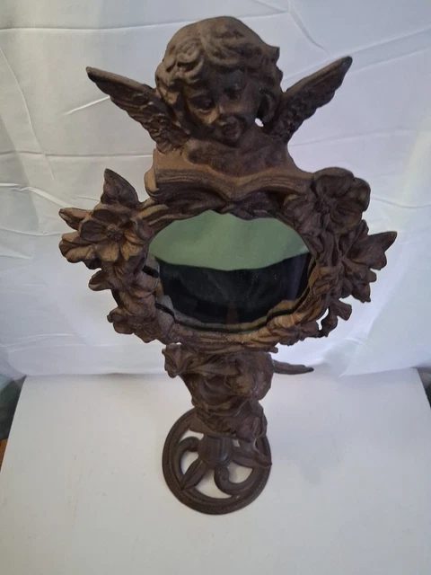 ANTIQUE LARGE VICTORIAN Cast Iron Cherub Mirror Statue Beautiful £270. ...
