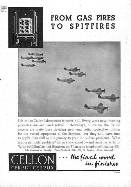 WW2 ADVERT SUPERMARINE SPITFIRE Fighter Aircraft 1941 CELLON Finishes ...