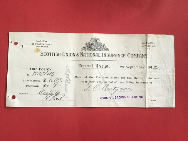 SCOTTISH NATIONAL INSURANCE Co 1912 Renewal receipt R33213 EUR 10,81 ...