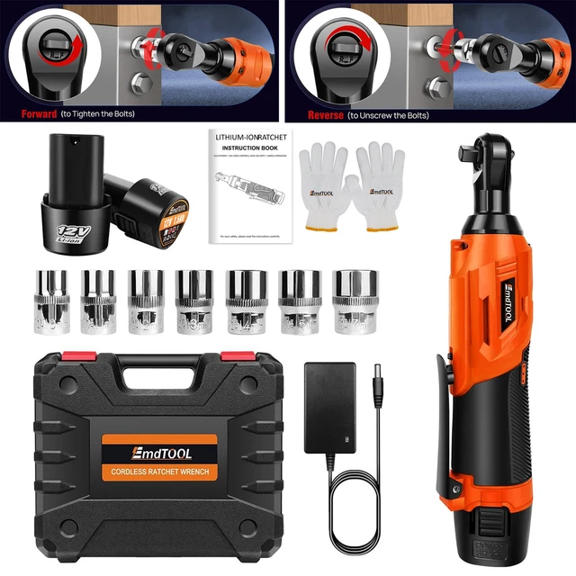 2 BATTERIES 3/8'' Electric Cordless Ratchet Right Angle Wrench Impact ...