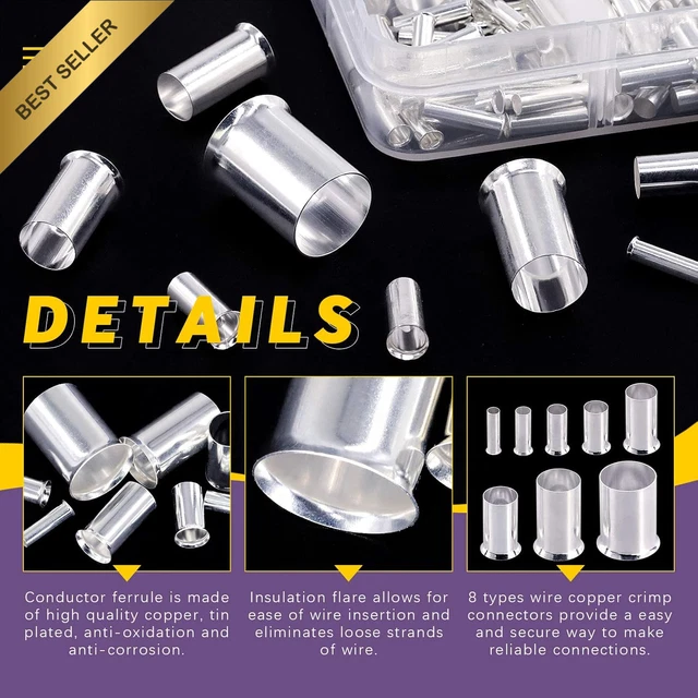 166PCS 8 SIZES Wire Copper Crimp Fitting Ferrules Assortment Kit, 12 10 ...