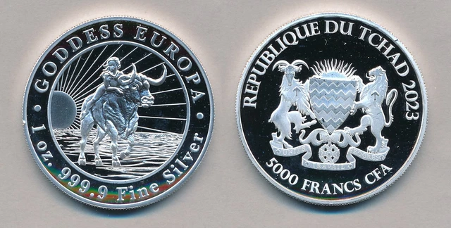 GODDESS EUROPA 1 oz SILVER COIN 999 Silbermünze OUNCE TCHAD 5000CFA EUR ...