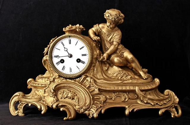 ANTIQUE BILLIET & ROBLIN FRENCH GILT MANTEL CLOCK, BOY DRINKING FROM ...