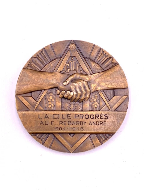 MÉDAILLE EN BRONZE maçonnique Franc-maçon GODF Loge "Le Progrès" signée ...