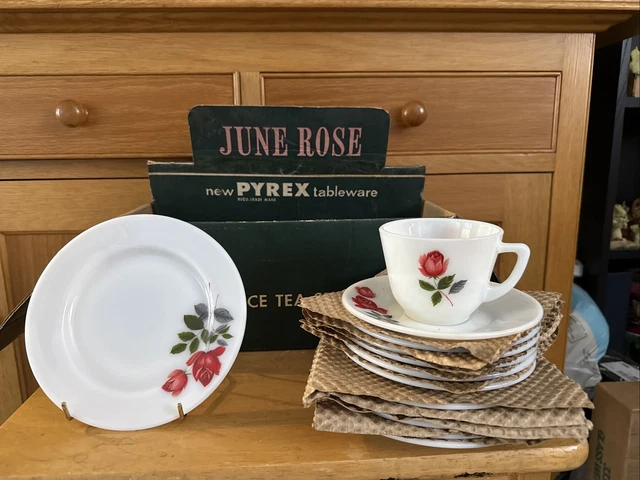 VINTAGE JAJ PYREX June Rose Tea Cups In Original Box 60's 18 Piece ...