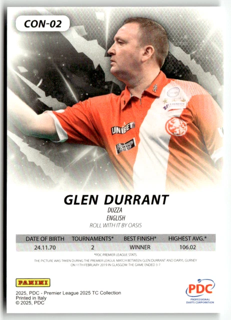 PANINI 2025 PDC Campeonato Mundial De Dardos No. CON-02 Glen Durrant ...