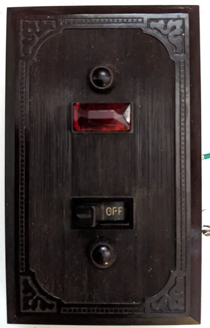 VINTAGE WALL TOGGLE switch with brown cover plate and red ''ON'' light ...