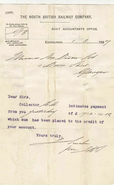 THE NORTH BRITISH Railway Company Edinburgh 1907 Wm. Dixon Ltd Receipt ...