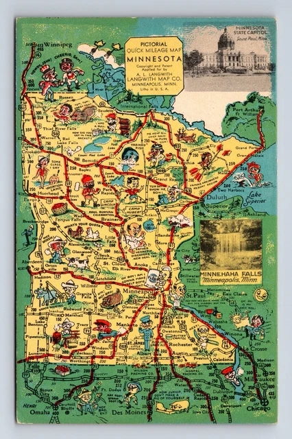 PICTORIAL TOURIST ATTRACTION Map Greetings From State of Minnesota MN ...