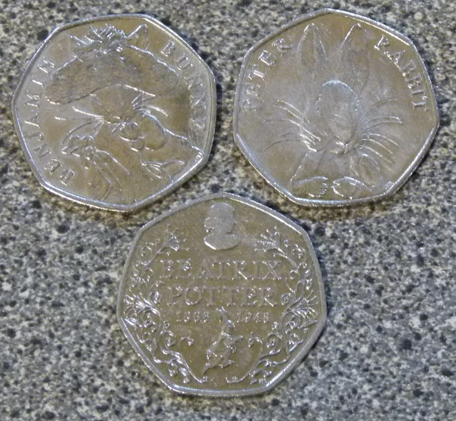 X3 BEATRIX POTTER 50p monete da cinquanta pence Benjamin coniglio Peter ...