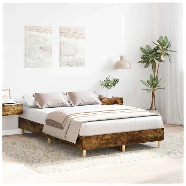 BED FRAME SMOKED Oak 140x190 cm Engineered Wood Slatted Base Durable ...