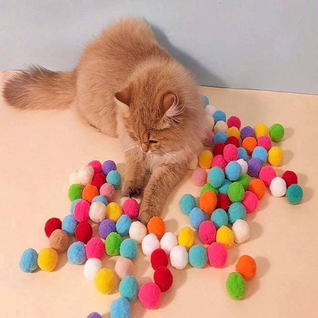 CAT TOY BALL Interactive Gun Toy With 20Pcs Colourful Stretch Plush Pom ...