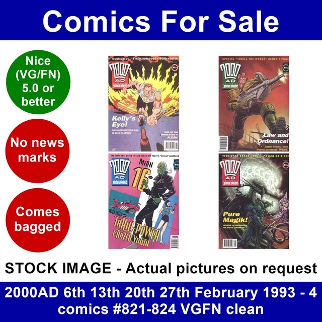 2000AD 6TH 13TH 20th 27th February 1993 - 4 comics #821-824 VGFN clean ...