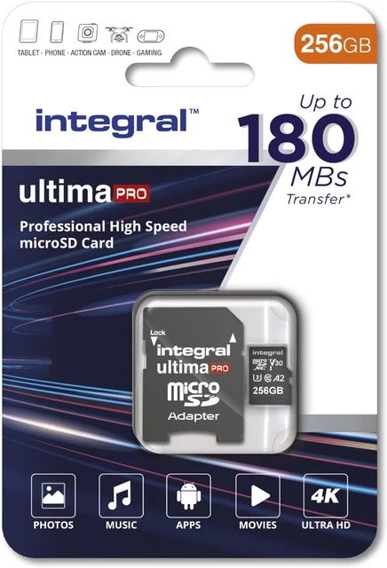 SCHEDA MICRO SD Integral 256 GB 4K velocità di lettura video 180 MB/s e ...