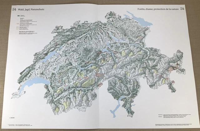 1978 LARGE VINTAGE Map of Switzerland Swiss National Parks Forests ...