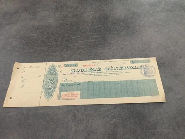 ANCIEN CHÈQUE VIERGE Société Générale (années 1900). EUR 2,00 - PicClick FR