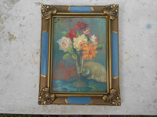 ANCIEN TABLEAU PEINTURE huile signé MARTIN VIA nature morte bouquet de fleurs EUR 165,00 ...