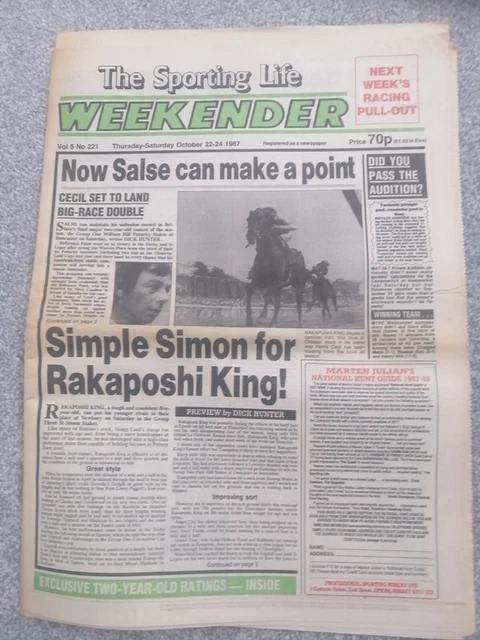 THE SPORTING LIFE Weekender Newspaper October 22-24th, 1987 £3.58 ...