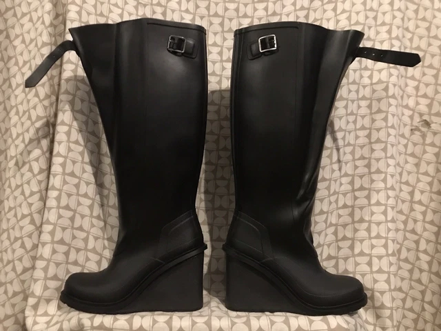 RARE HUNTER TALL Black Galosh Wedge High Heel Wellies Rainboots Boots ...