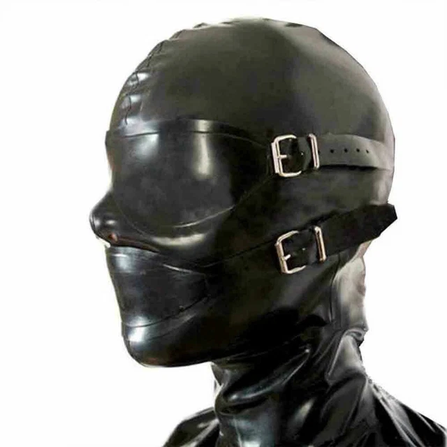 Rubber Bondage Hooded Mouth Gag Blindfold Full Head Headgear Mask Adult