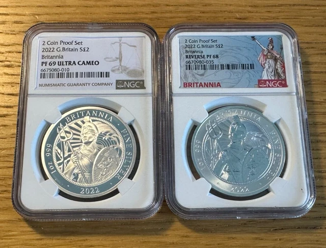 2022 BRITANNIA SILVER Proof and Reverse 1oz Pair Set Coin NGC Graded 69 ...