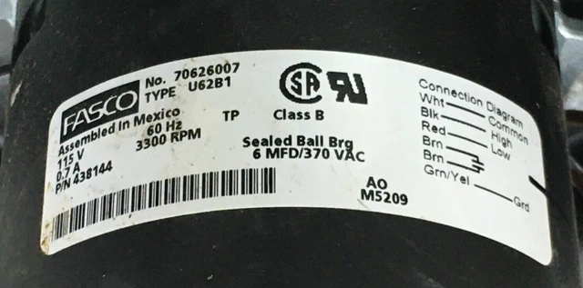 FASCO 70626007 DRAFT Inducer Blower Motor Assembly 438144 115V used # ...