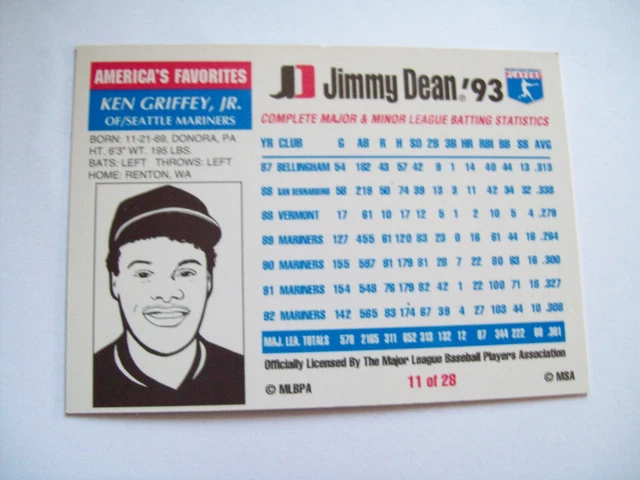 KEN GRIFFEY JR. SEATTLE MARINERS 1993 JIMMY DEAN #11 de 28 COUR DE ...