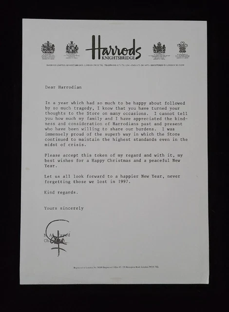 HARRODS OF LONDON Letter Signed Mohamed Al Fayed Princess Diana British ...