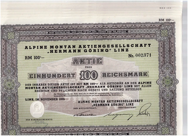 SET 7 ALPINE Montan AG 'Hermann Göring', Linz 1939, 100 Reichsmark ...