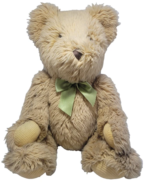 TESCO BEIGE TEDDY Bear 11" Plush Soft Toy Cuddly Sitting with Green Bow ...