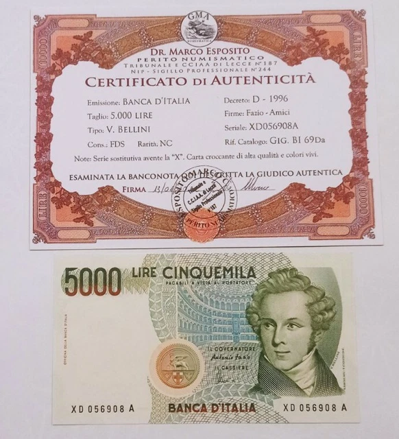 BANCONOTA LIRE 5000 BELLINI 1996 FDS SERIE SOSTITUTIVA XD NC ...