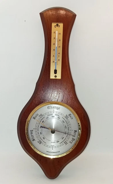 VINTAGE WEATHERMASTER WOODEN Barometer With Thermometer 12.5" Long £8. ...