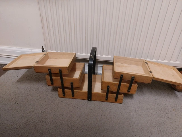 MID CENTURY CANTILEVER CONCERTINA WOODEN SEWING BOX Vintage Retro ...